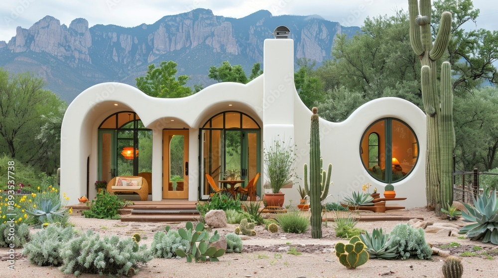 Small home built, adobe brick, organic shape, single level with arched ...