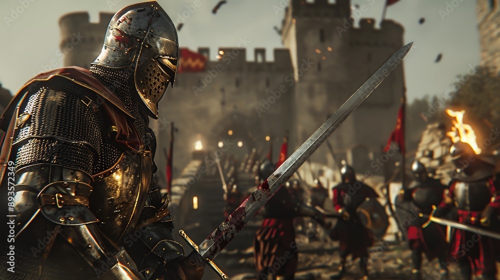 Medieval knights in battle outside castle gates, armed soldiers with ...