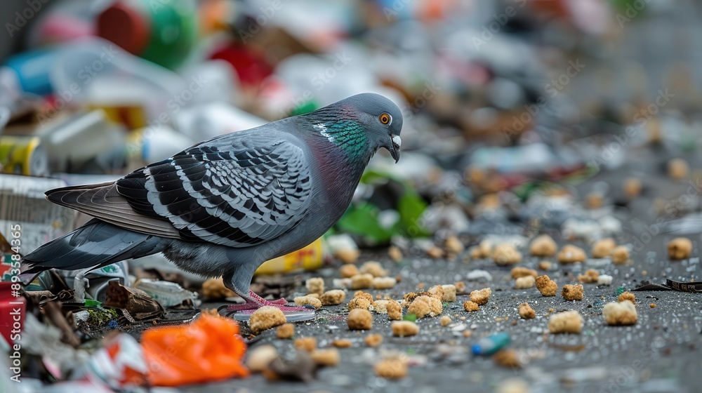 A pigeon pecking at crumbs on a garbage-strewn sidewalk, Wild animal in ...