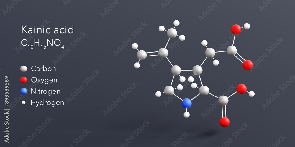kainic acid molecule 3d rendering, flat molecular structure with ...