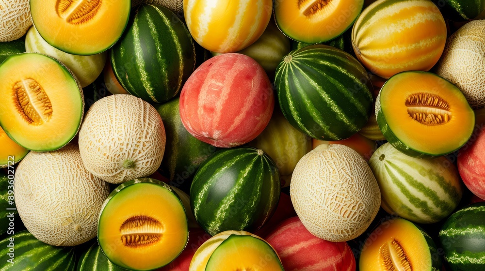 A detailed pattern of mixed melons, including watermelons, cantaloupes ...
