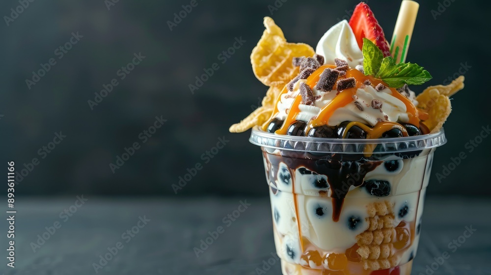 Boba sundae with vanilla ice cream, bubble tea, and waffle chips ...