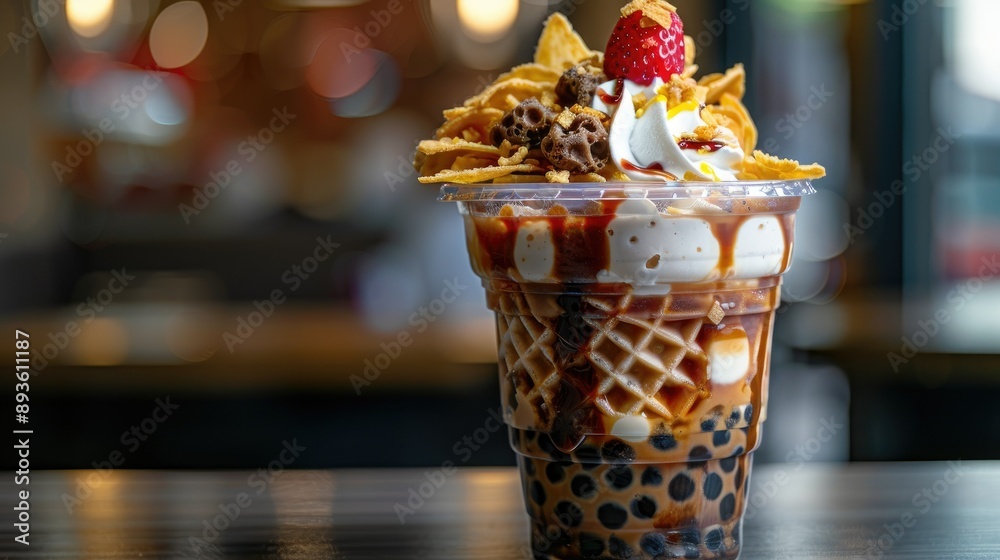 Boba sundae with vanilla soft ice cream, bubble tea, waffle chips ...