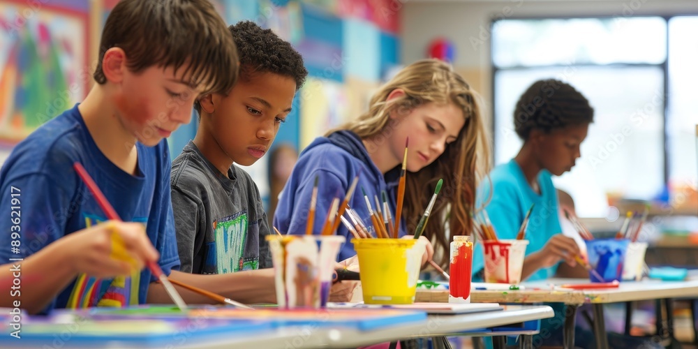 Middle school students working on art projects with paint and brushes ...