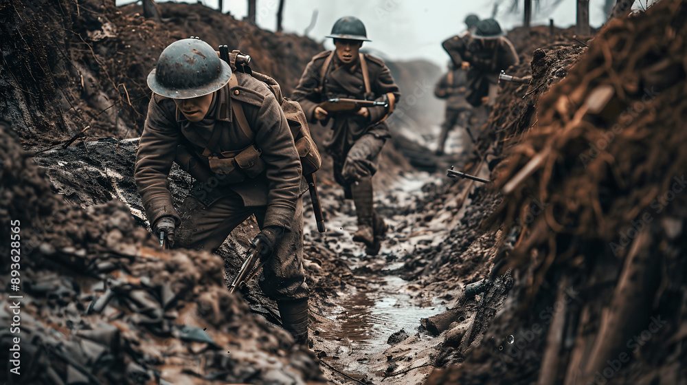 Foto de Stock World War I trench warfare reenactment with soldiers in ...