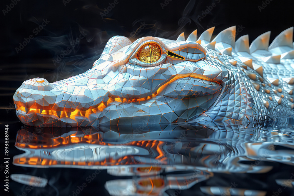 Abstract low-poly wall figure of a crocodile, with sharp, geometric ...