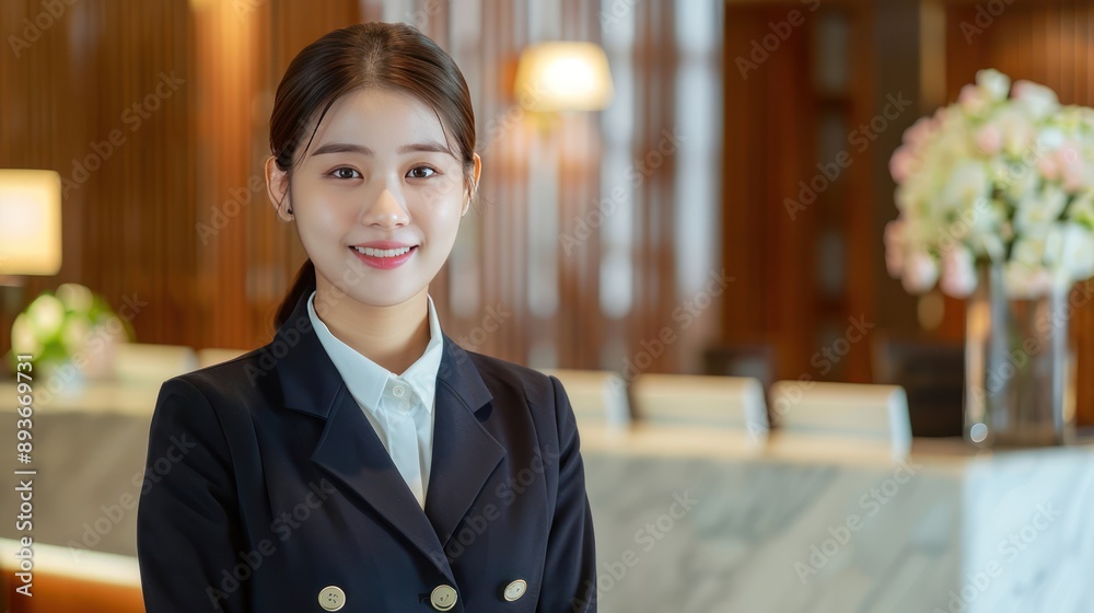 Beautiful asian hotel receptionist in uniforms at desk in lobby ...