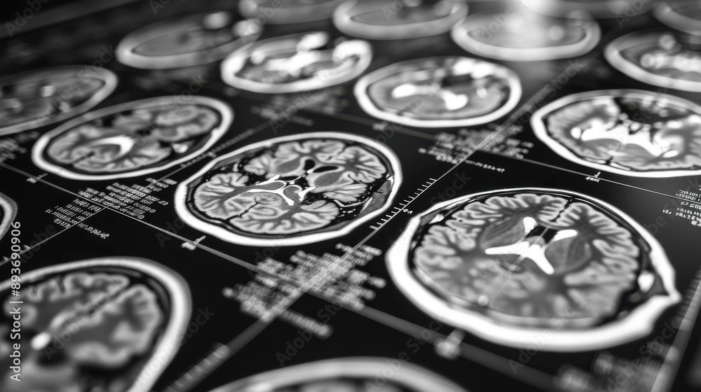 High-contrast black and white MRI brain scans showing detailed cross ...