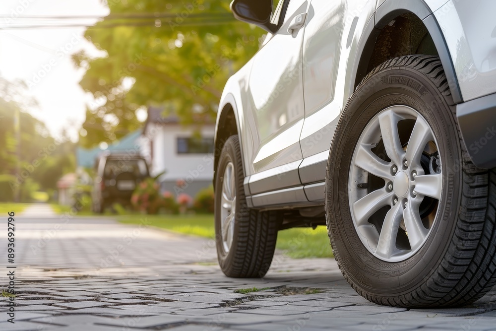 Flat rear tire on white SUV from nail puncture on residential street ...