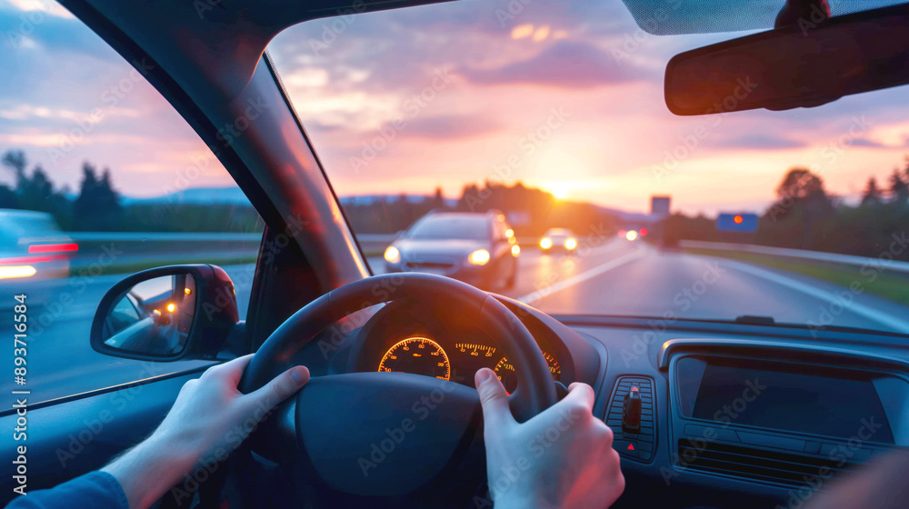 Driver's perspective from inside a car on a road during sunset or ...