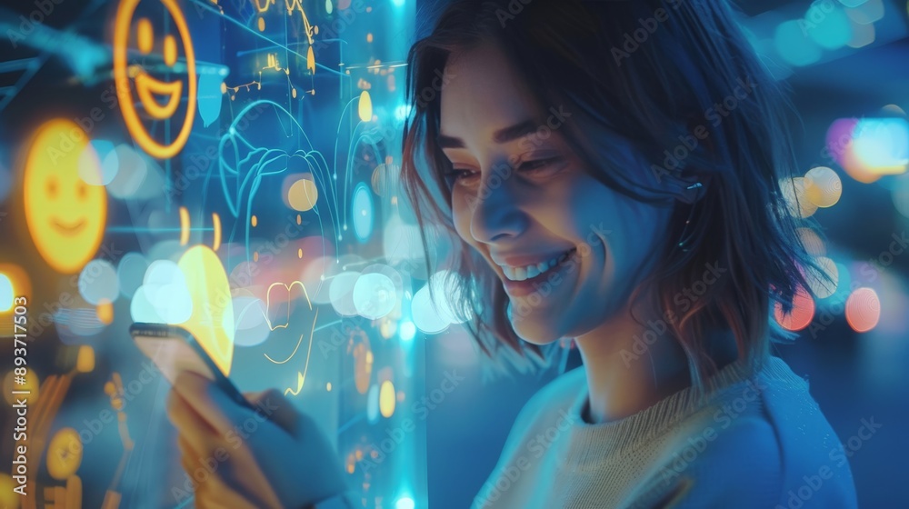 woman touching smartphone screen using smiley face emoticon with IoT ...