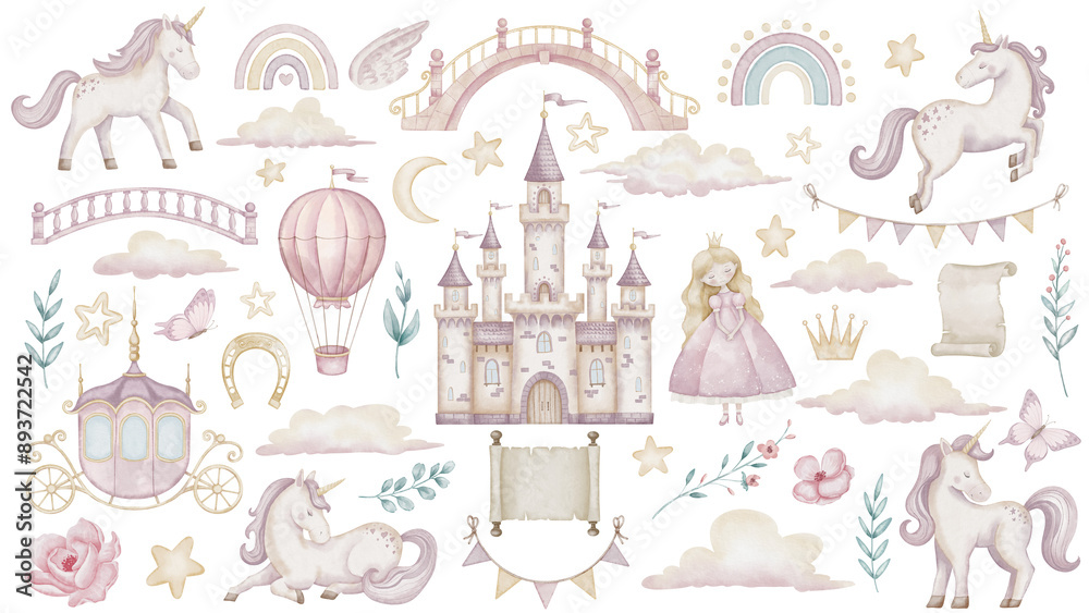 Watercolor clipart with Unicorns and princess castle in pastel pink and ...