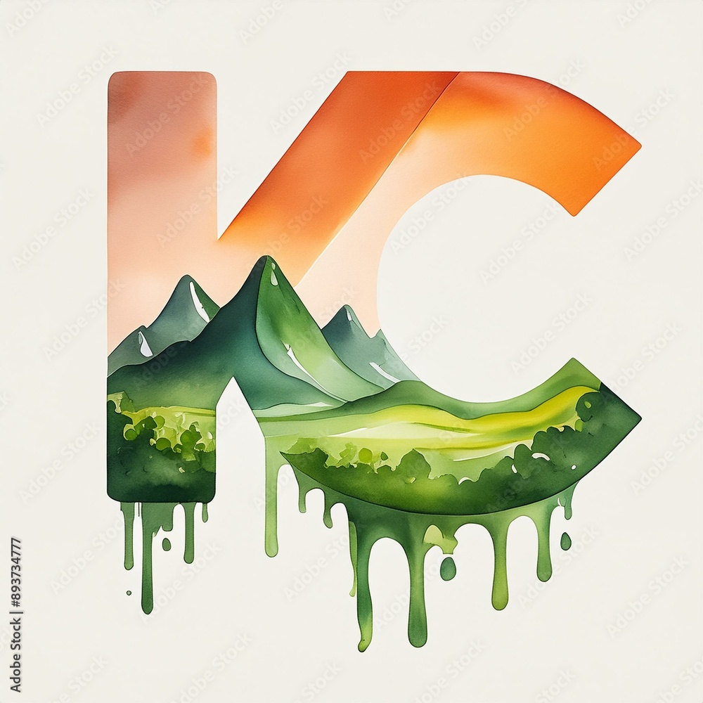 The K 3D and 2D letters are rendered in gold caramel color trim, green ...