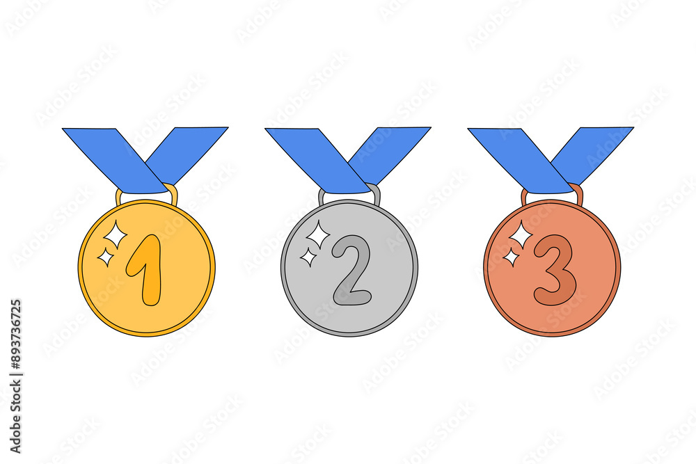 Medals with ribbon vector illustration. Doodle prizes set of golden ...