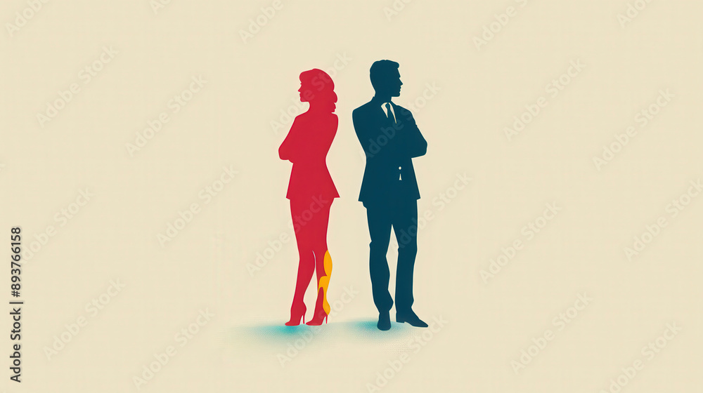 Silhouettes of a man and a woman standing back-to-back, representing ...