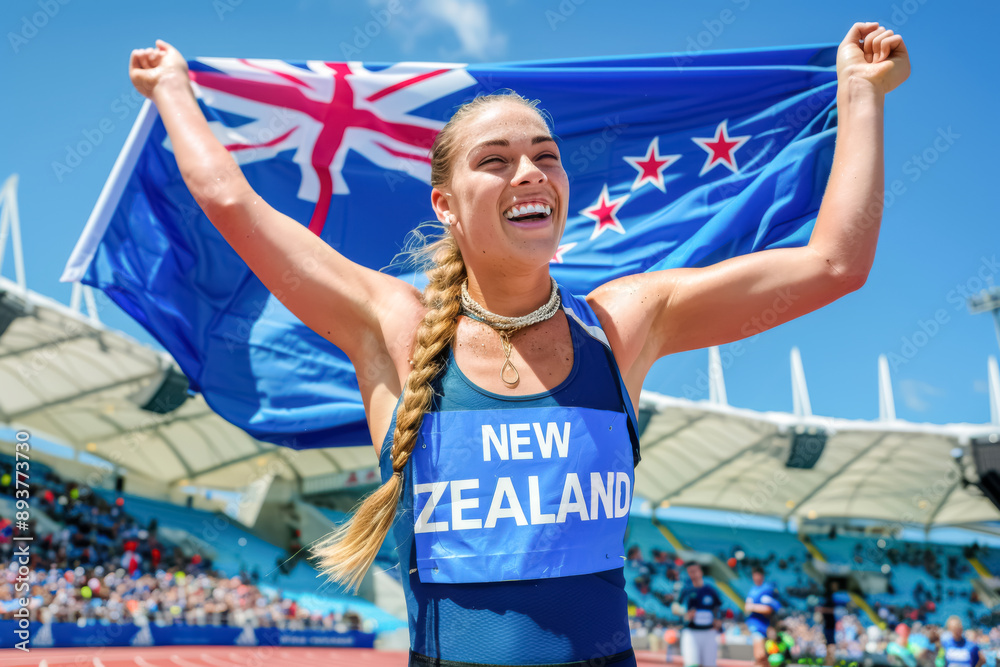 Ilustración de Stock Radiant Kiwi Athlete Holding Flag at Paris 2024. A ...