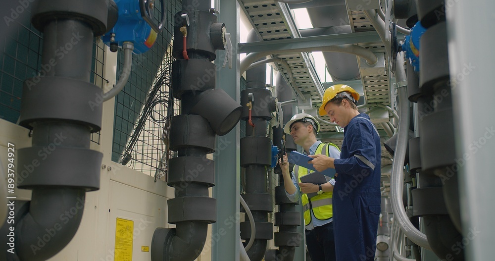 Civil engineer manager and foreman worker checking industry cooling air ...