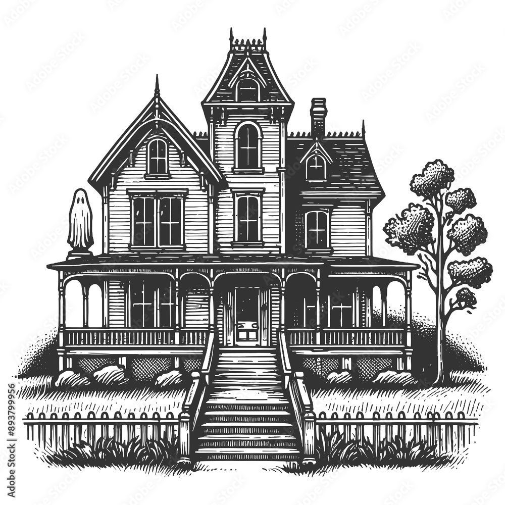 haunted Victorian house with a ghost on the porch, showcasing spooky ...