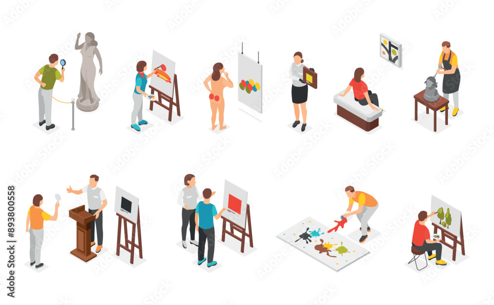Isometric artists. Creative process, artist painting and show picture ...