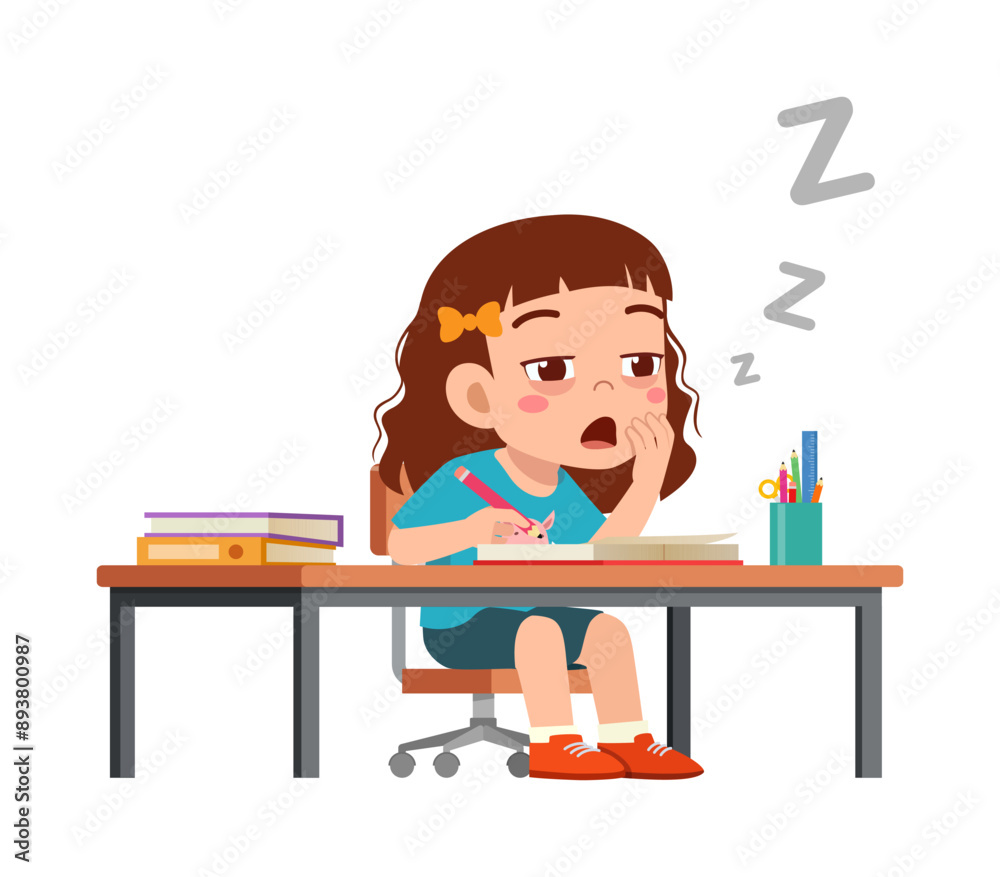 little kid study on desk and feel sleepy Stock Vector | Adobe Stock
