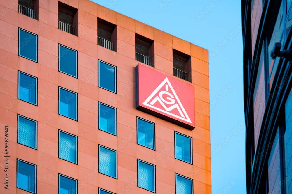 Red IGM sign IG Metall logo, German dominant metalworkers union on ...
