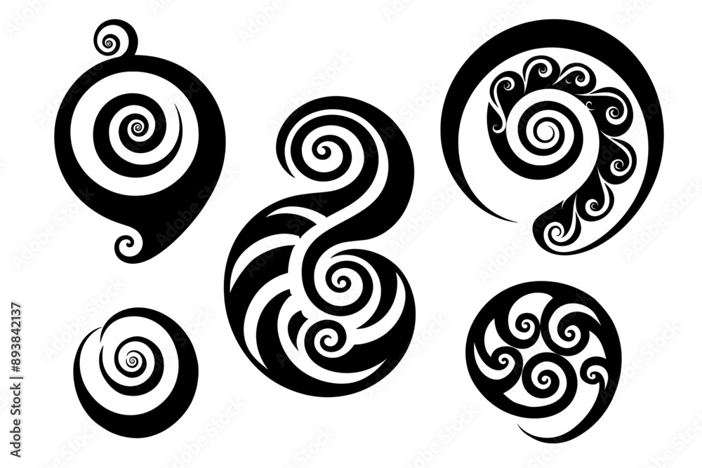 A set of Maori Polynesian style koru spiral swirls, icon minimalist ...