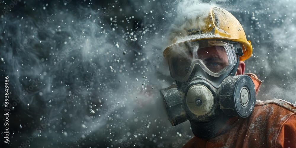 Professional construction worker wearing a high-grade dust mask ...