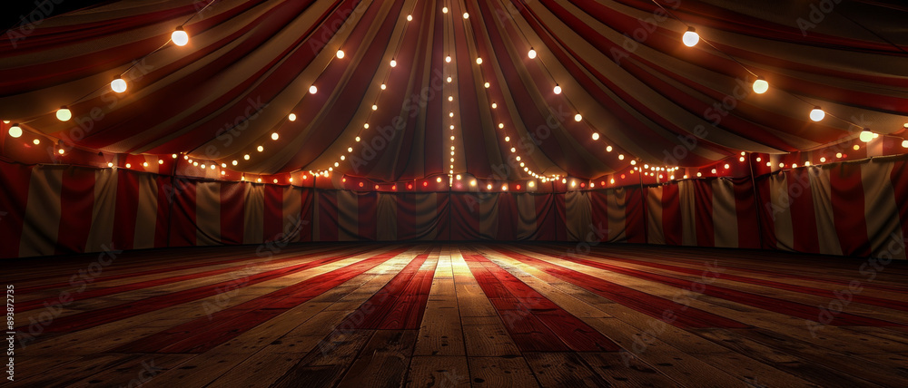 The spacious interior of an empty circus tent, adorned with strings of lights hanging from the ...