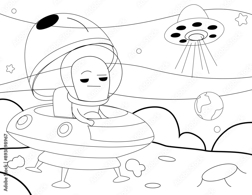Outer Space Aliens UFO Outline Coloring Page Vector Illustration Stock ...