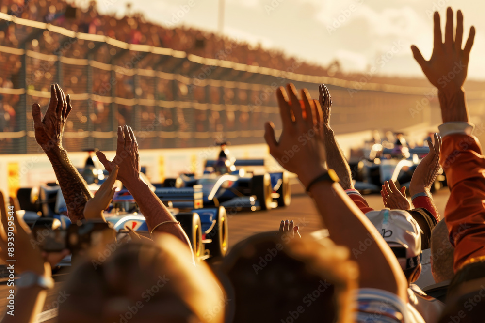 Enthusiastic fans raise their hands in excitement as sleek race cars ...