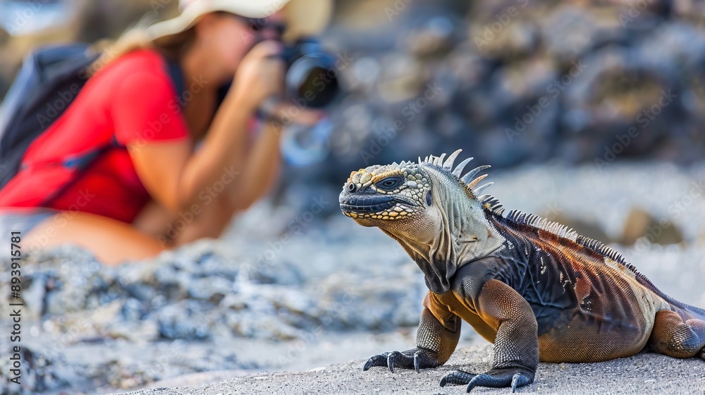 Scene showcasing a wildlife photographer crouching on a beach to ...
