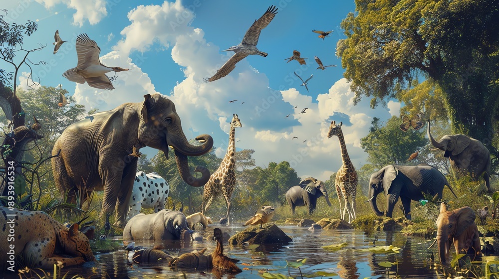 Amazing photo of a group of African animals gathered around a watering ...