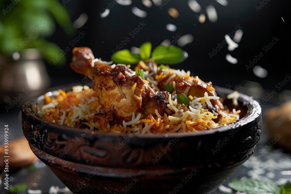 indian chicken biryani, Spicy chicken biryani food photography, flying ...