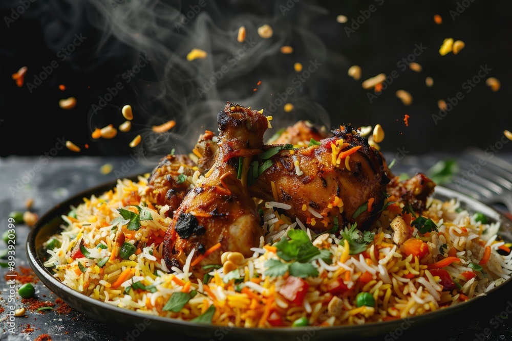 indian chicken biryani, Spicy chicken biryani food photography, flying ...