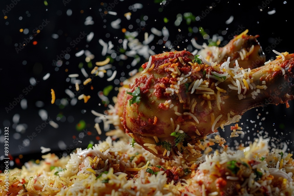 indian chicken biryani, Spicy chicken biryani food photography, flying ...