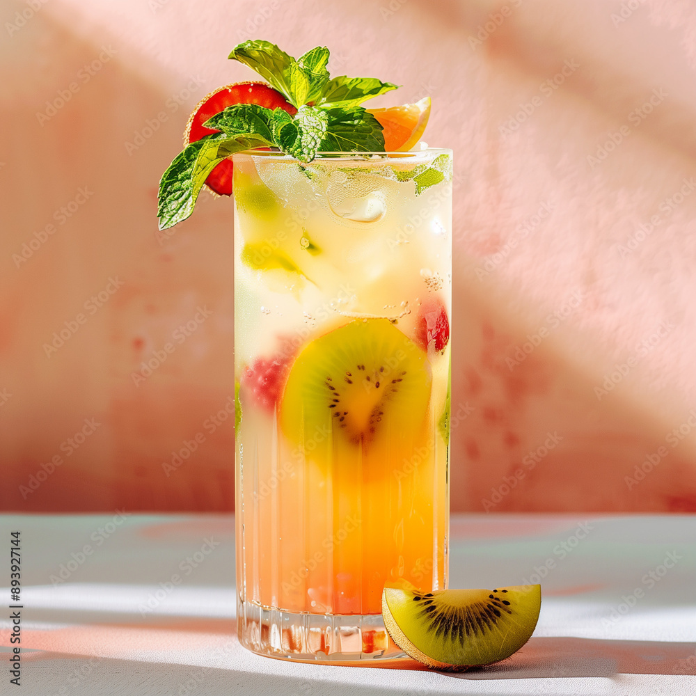 beautiful mocktail in a stylized highball glass, with fresh fruit ...