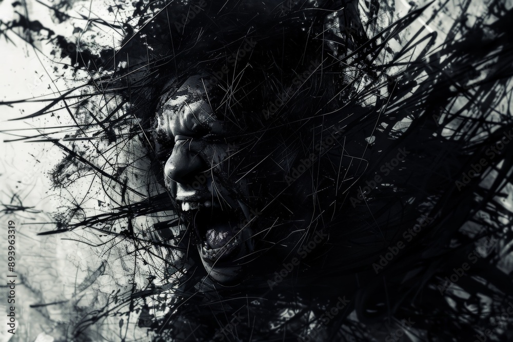 This image depicts a chaotic and intense expression of inner turmoil ...
