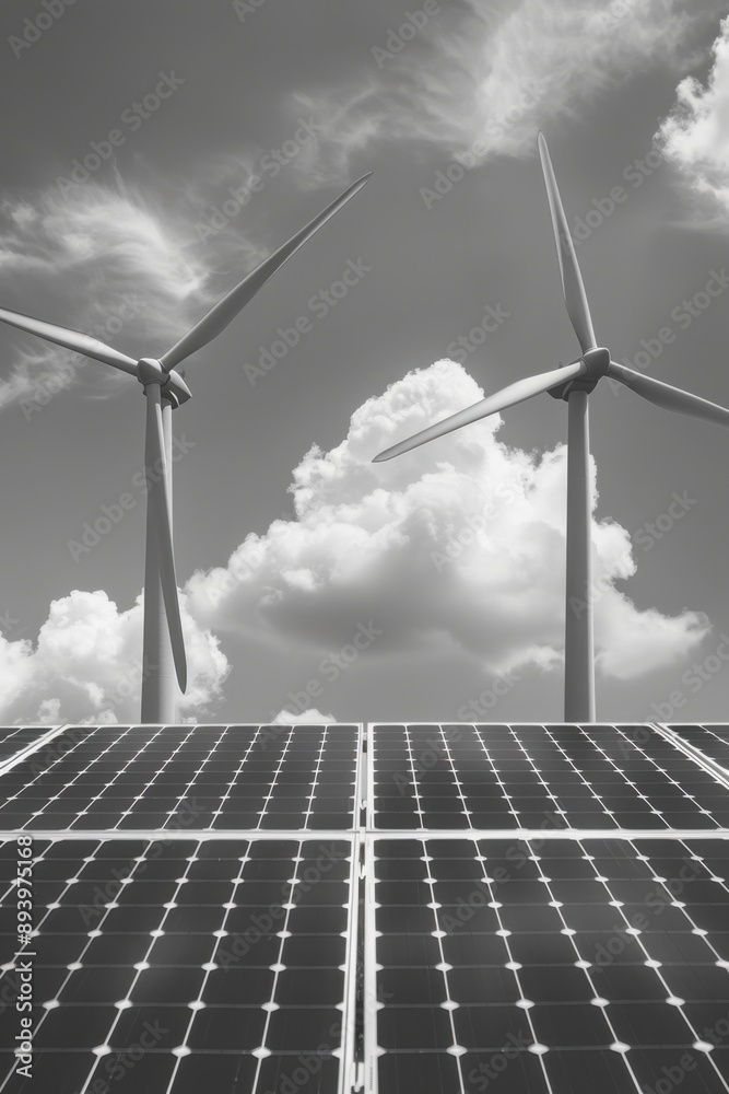 This image depicts an array of wind turbines and solar panels ...