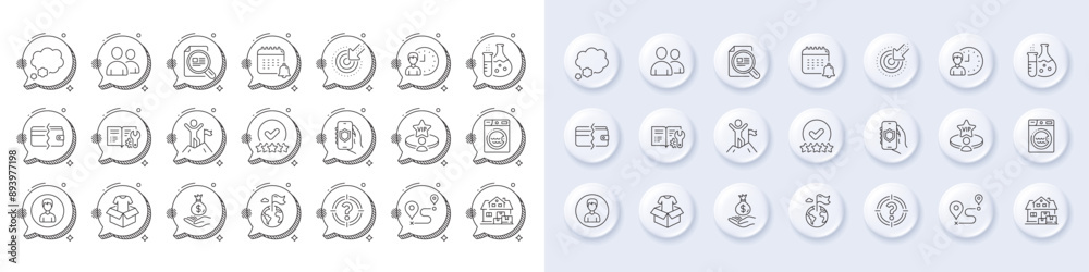 Destination flag, Users and Calendar line icons. White pin 3d buttons ...