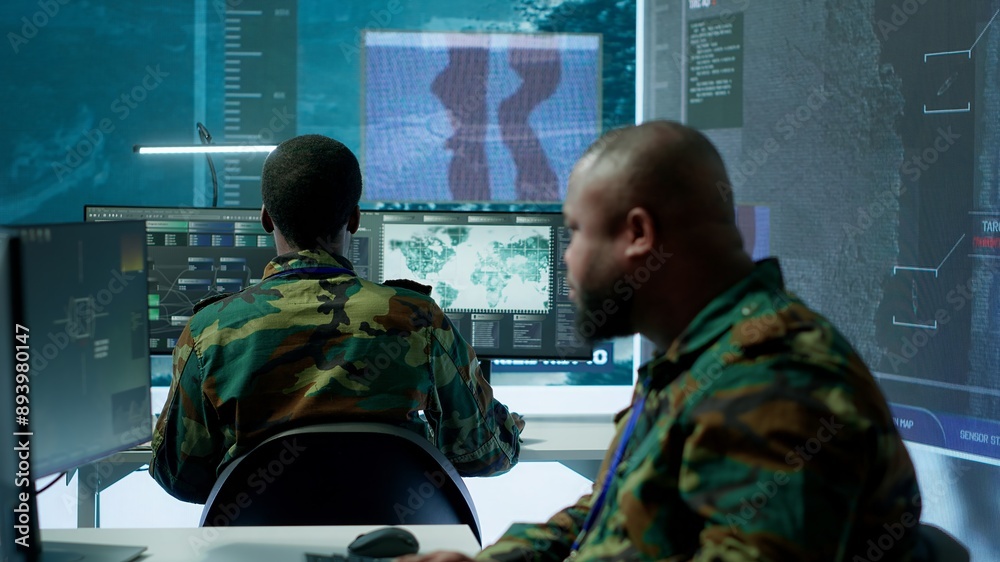 US soldiers in a high tech command center protecting classified information, ensuring ...