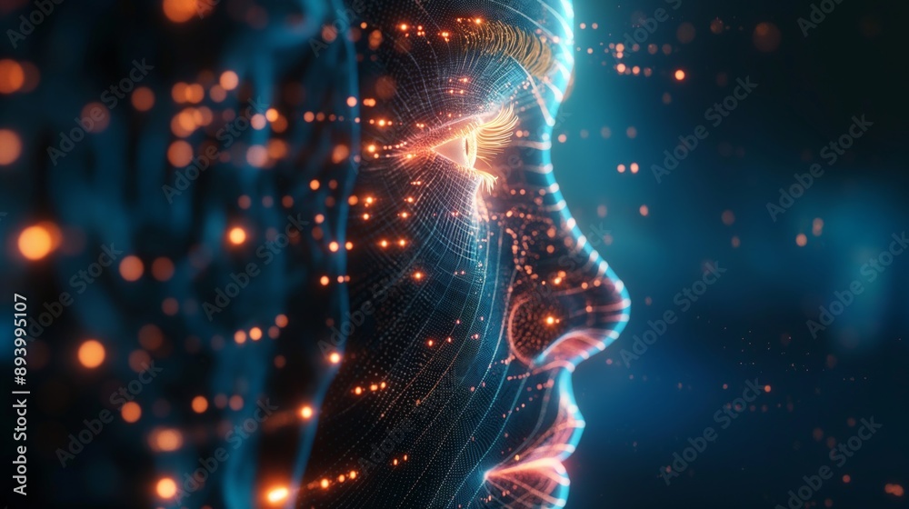 Artificial Intelligence Large Language Model (LLM). human face matrix digital numbers artificial ...