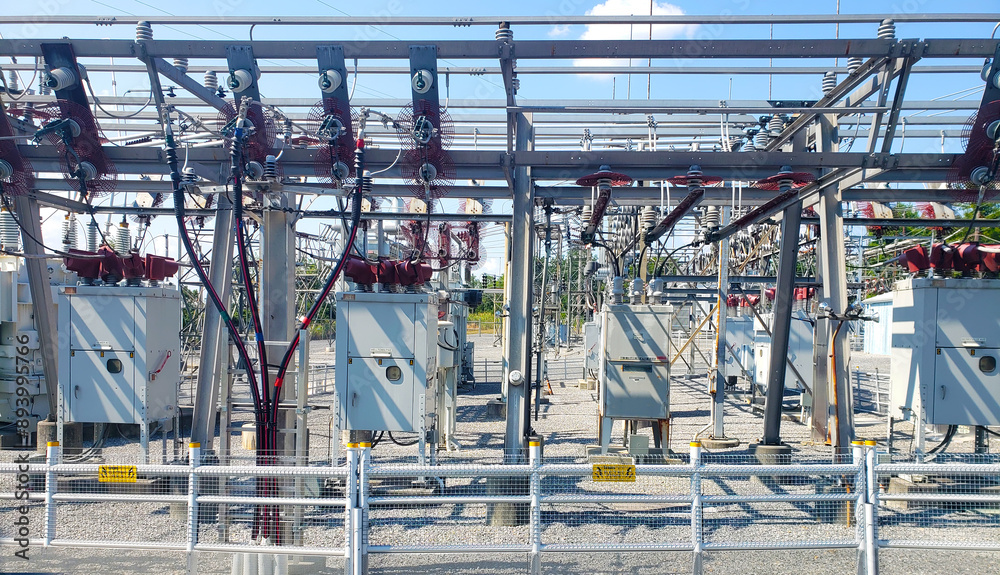 Electric power substation, high-voltage transformer of high electrical ...