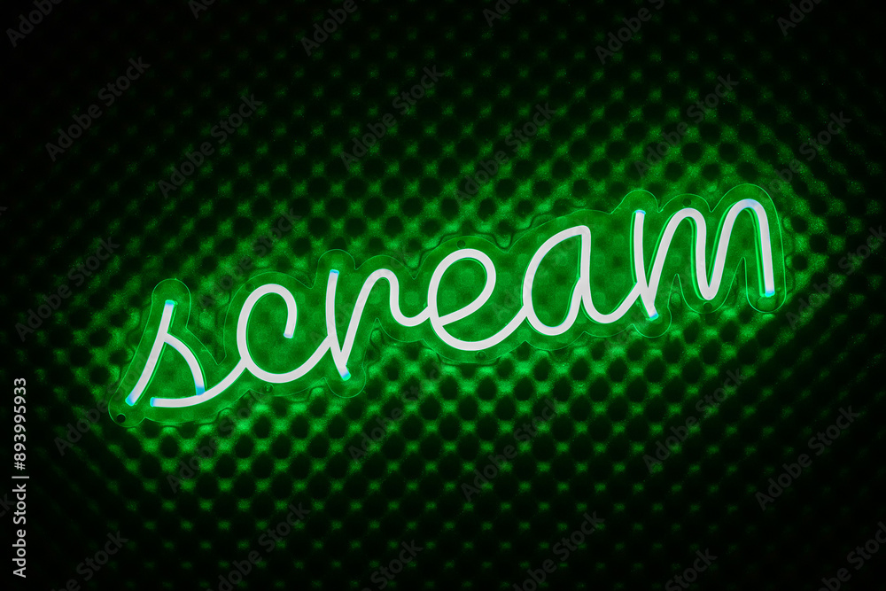 Neon sign with scream writing in green color. Outline of scream word in ...