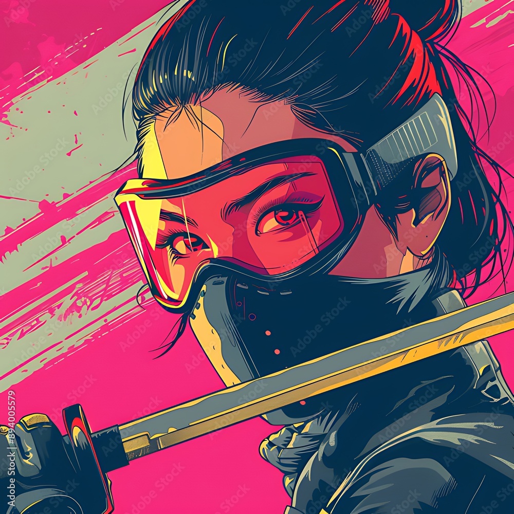 cartoon illustration of a female ninja hold katana blade with pink ...