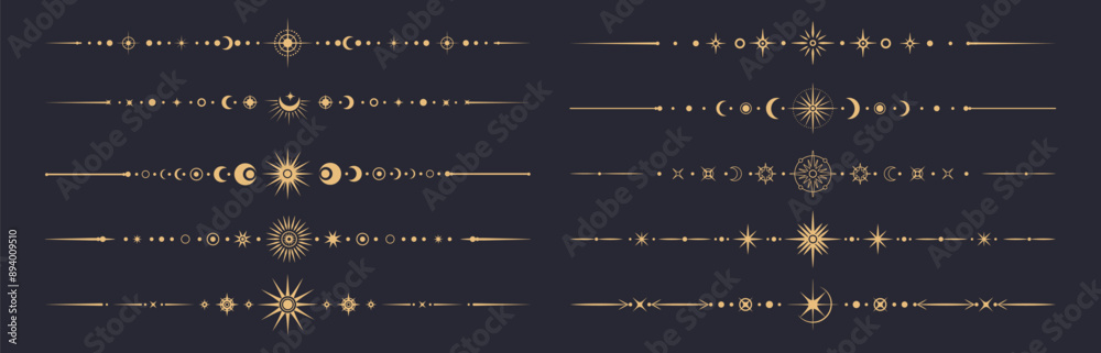 Fantasy celestial divider borders and frame lines with gold stars, moon ...