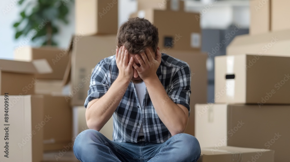 Sad desperate depressed homeowner, renter man leaving out from ...