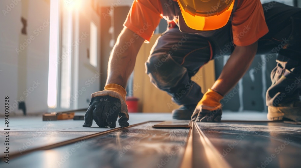 Construction Worker Installing Laminate Flooring Stock Photo | Adobe Stock