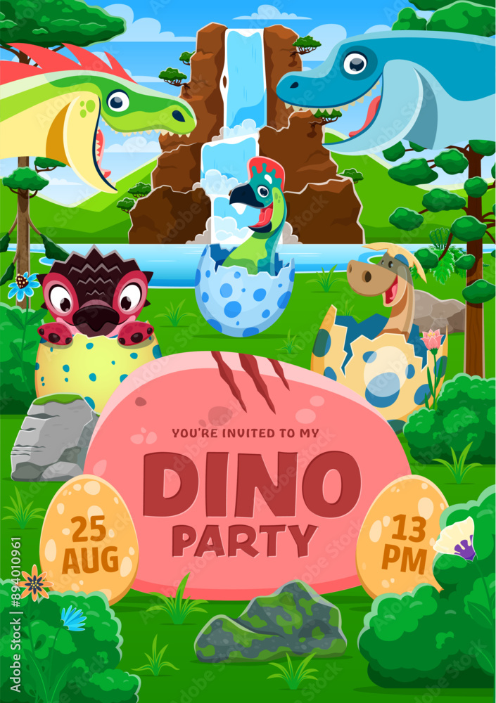 Kid party flyer with funny prehistoric dinosaurs. Vector dino holiday ...