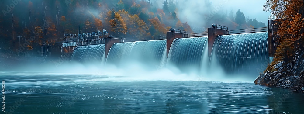 Hydroelectric dam with rushing water and electric turbines turning with ...