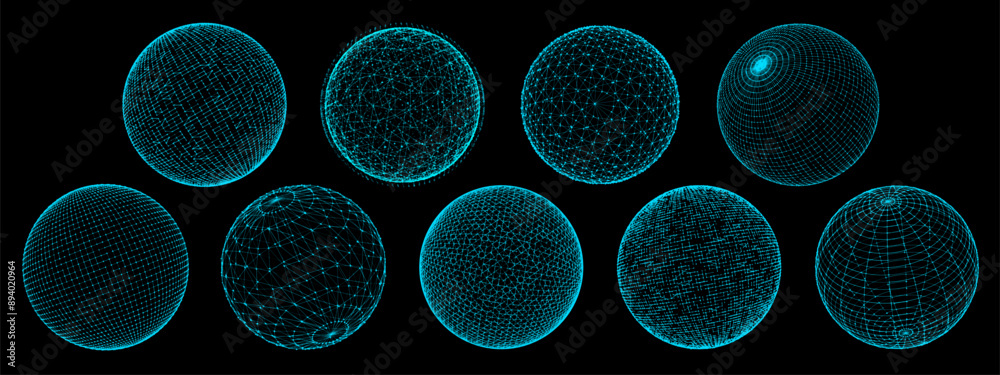 3d sphere globe, grid and wireframe. Vector line network spheres ...